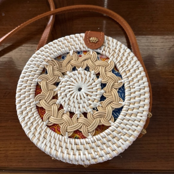 Bags | Handcrafted Woven Round Bag White And Tan | Poshmark